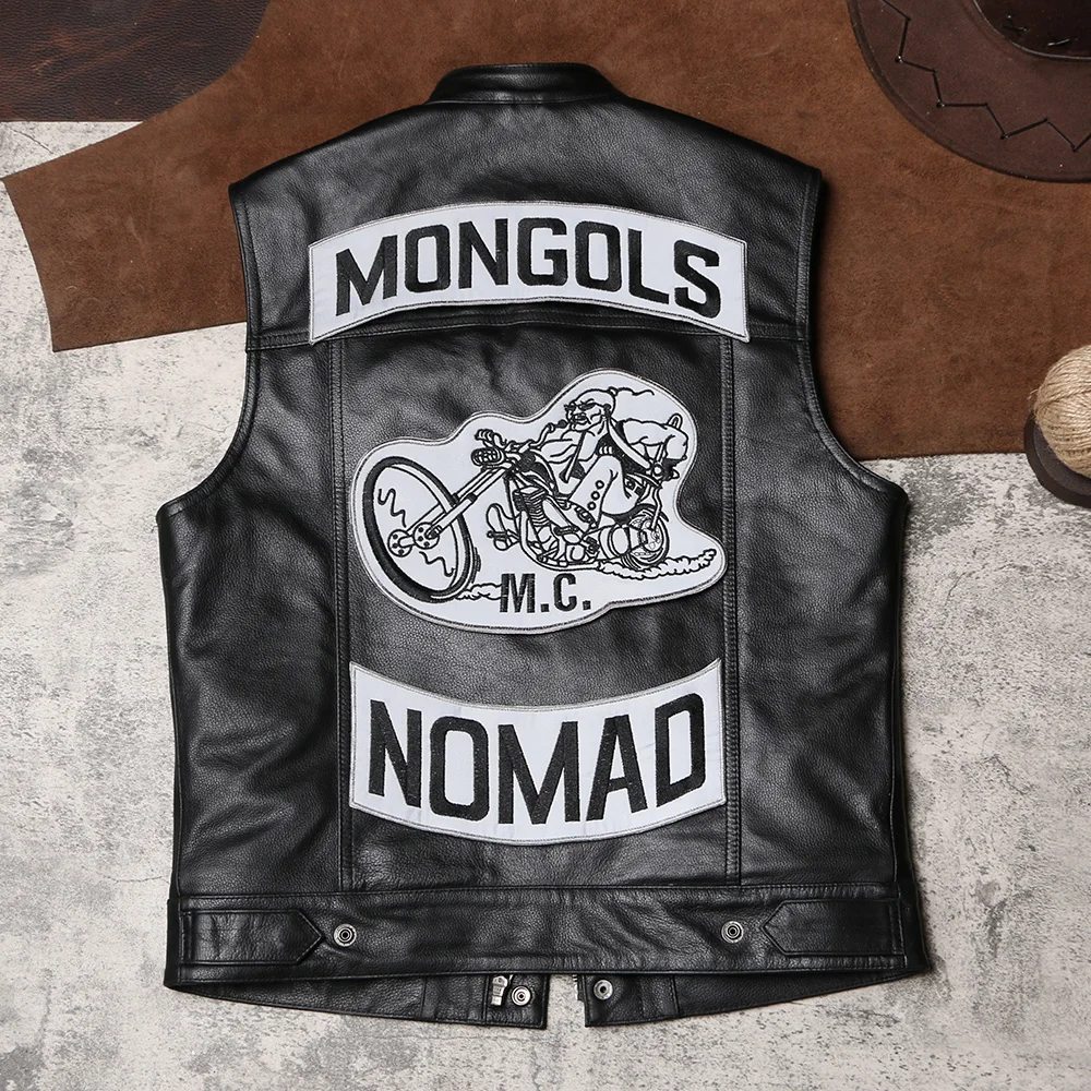 MONGOLS MC motosiklet motorcu yeleği hakiki deri siyah sürme kolsuz ...