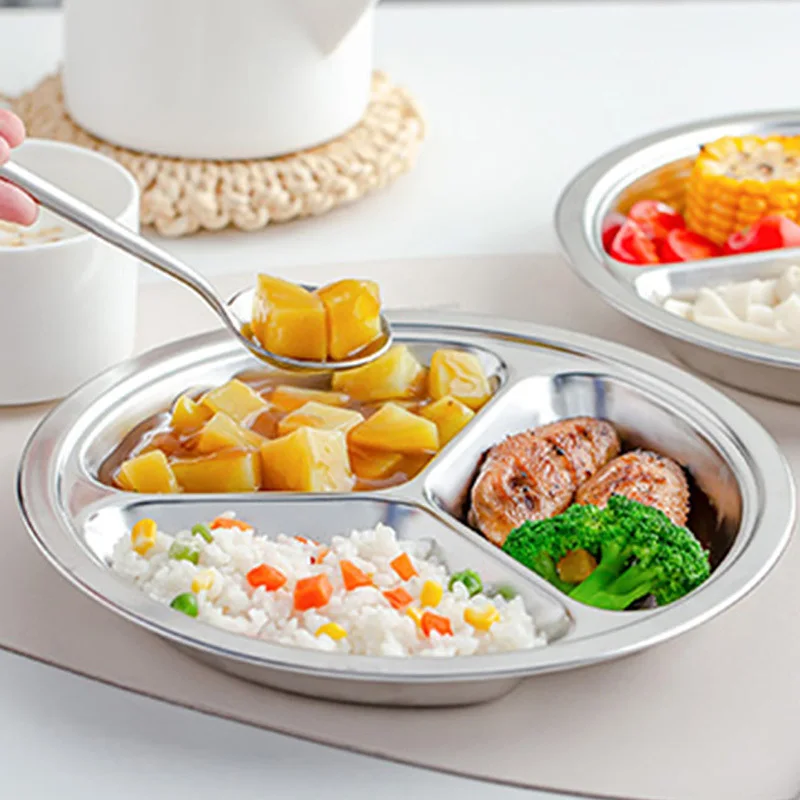 Stainless-Steel-Dinner-Plate-Three-Sections-Round-Divided-Plate-Mess ...