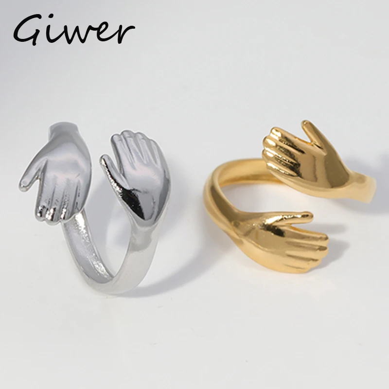 Creative Hug Hand Stainless Steel Ring for Women Men Adjustable Finger ...