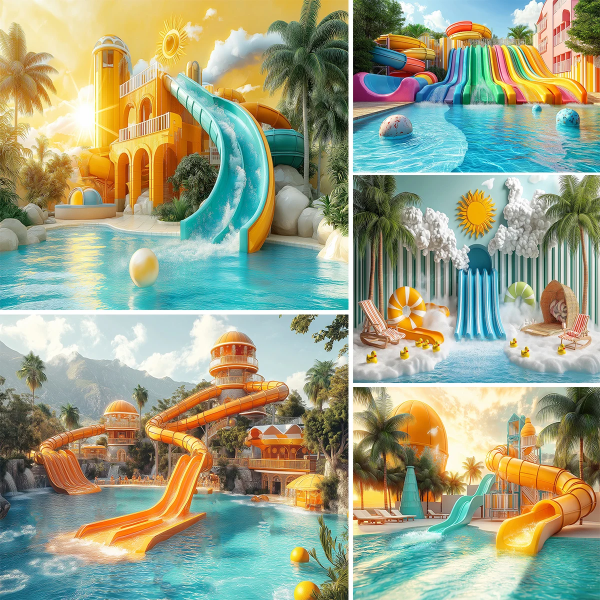 Beachside Water Slides Swimming Pool Backdrops Kids Baby Photography ...