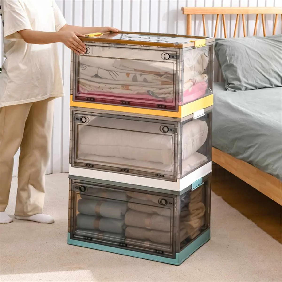 60l Storage Box Movable Stackable Shoe Clothes Organizer Abs Closets ...