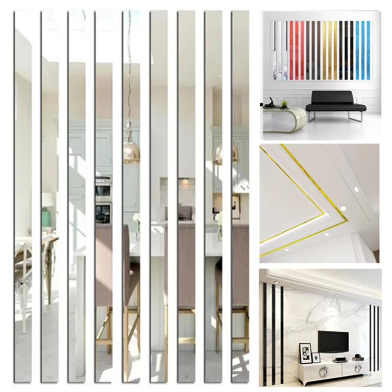 DIY Ceiling Edge Mirror Strip 3M Self-adhesive Acrylic Art Wall Tile ...