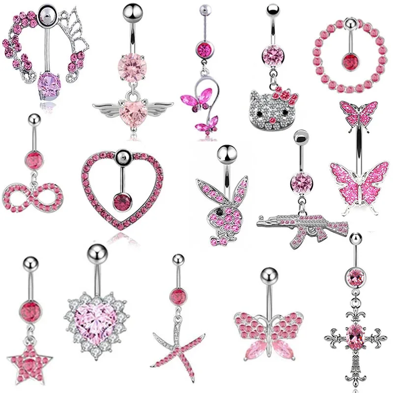 New 1pc Pink Butterfly Belly Button Rings Dangle Heart Zircon Navel Piercing Surgical Steel ...