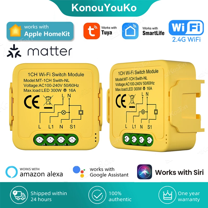 Matter WiFi Smart Switch 16A Smart Home Automation Relay Module Works with Homekit Siri ...