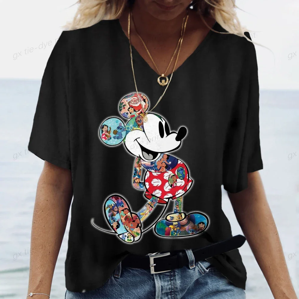 Women-s-V-Neck-Disney-Mickey-Mouse-Print-T-Shirt-Summer-Fashion-Short ...