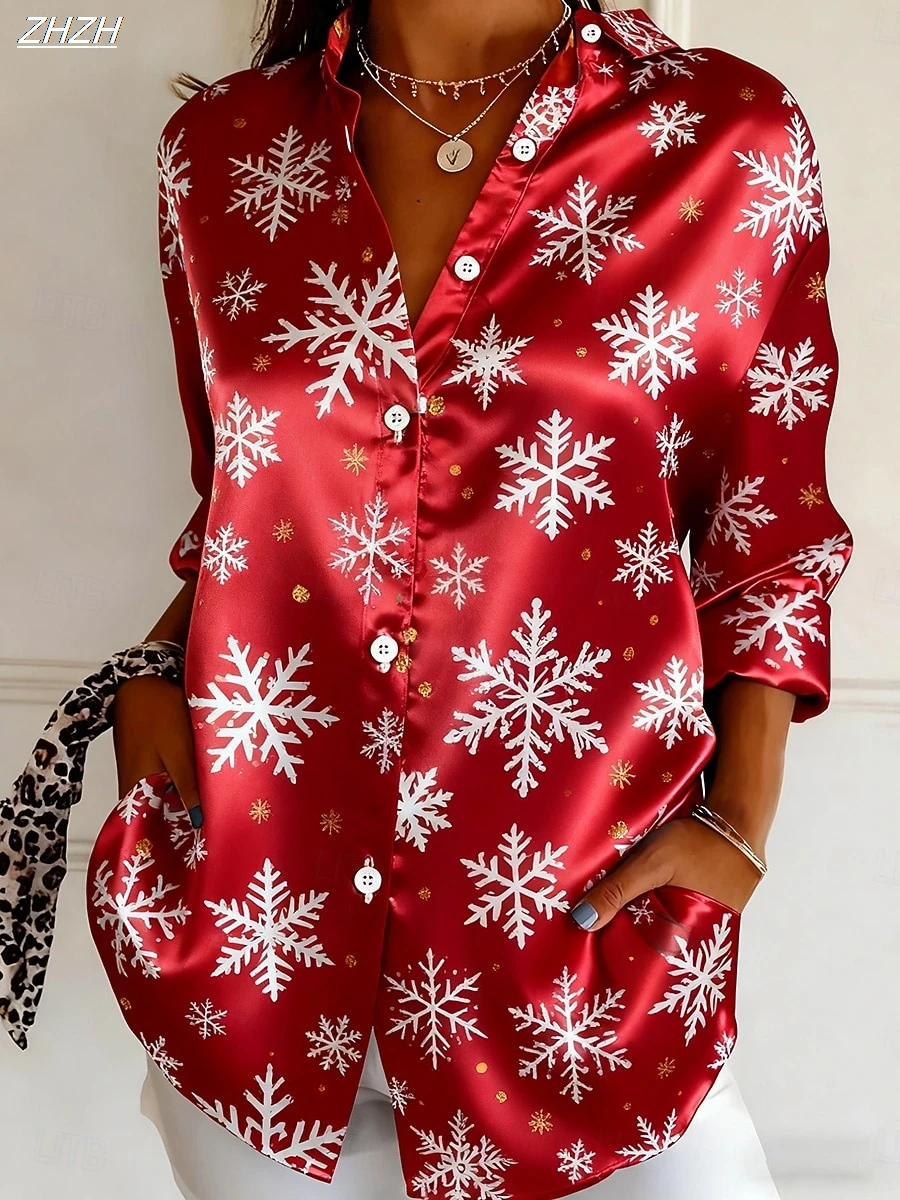 Christmas Women's Vintage Santa Print Blouse, Casual Shirt Collar ...