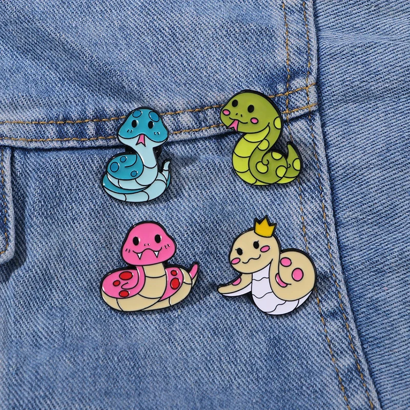 Cartoon Cute Snake Collection Brooches Blue Green Yellow Red Enamel ...