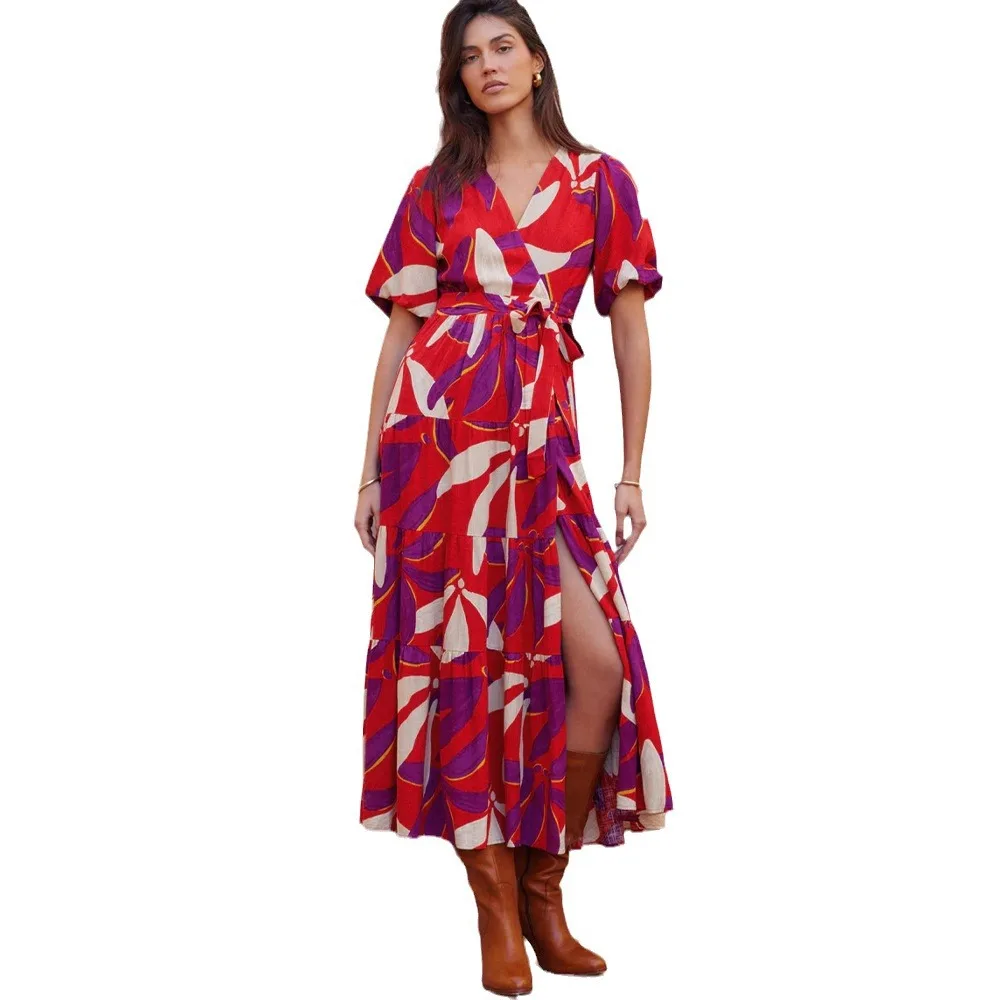 Summer Flower Print Long Dresses Women Bohemian Style V-neck Short ...