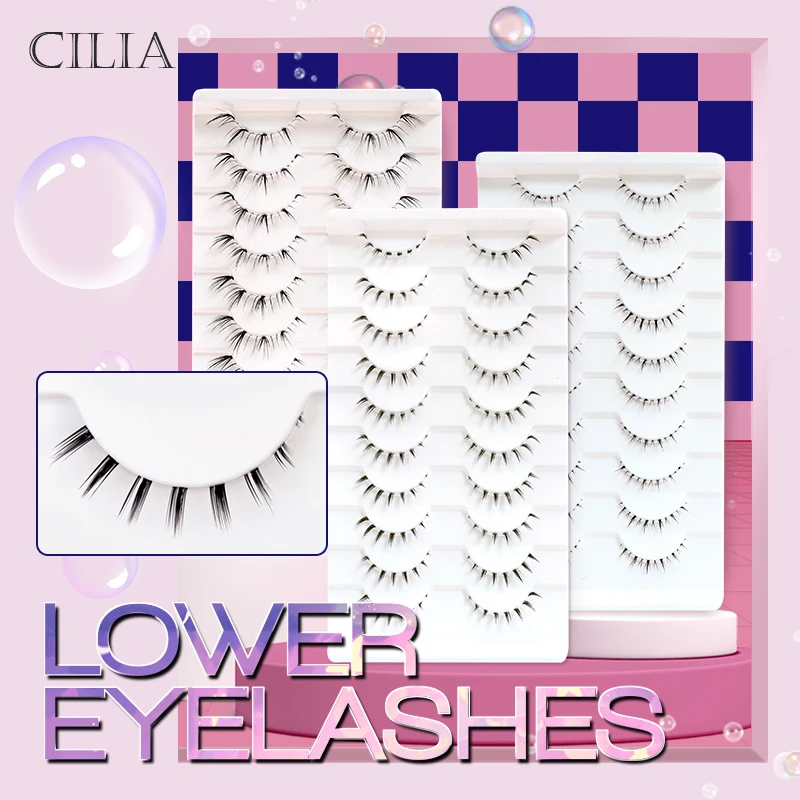 10Pairs Lower Eyelashes Pack Under Eye Lashes Soft Lower Eyelashes 100% Handmade Clear Band ...
