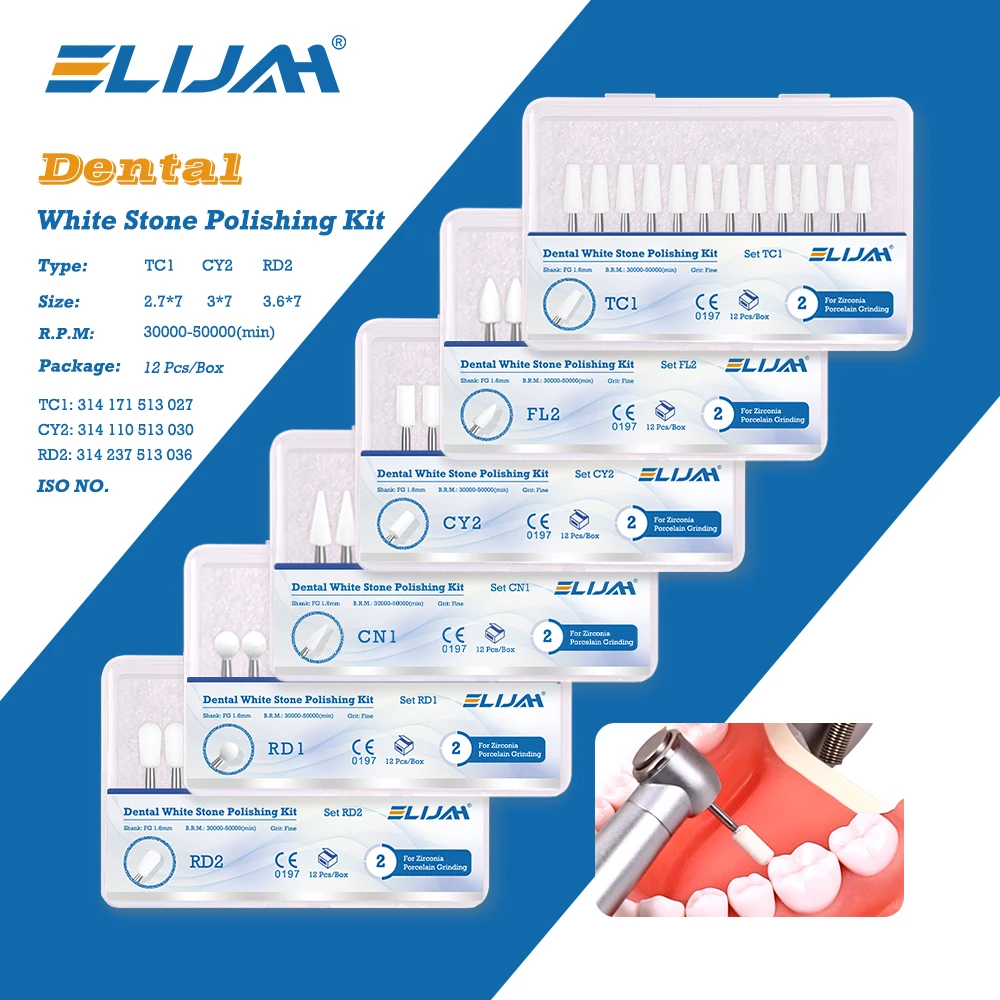 ELIJAH 12pcs/Box Dental Polisher White Stone Flame Cone Round Shape ...