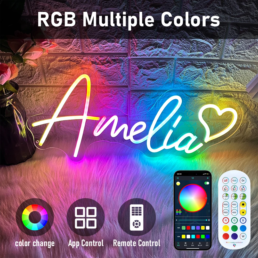 RVB personnalisé néon Led signe personnalisé multicolore réglable nom ...