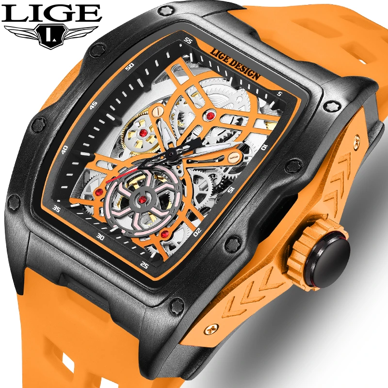 LIGE Square Casual Sports Fashion Luxury Mechanical Man Watch Hollow ...