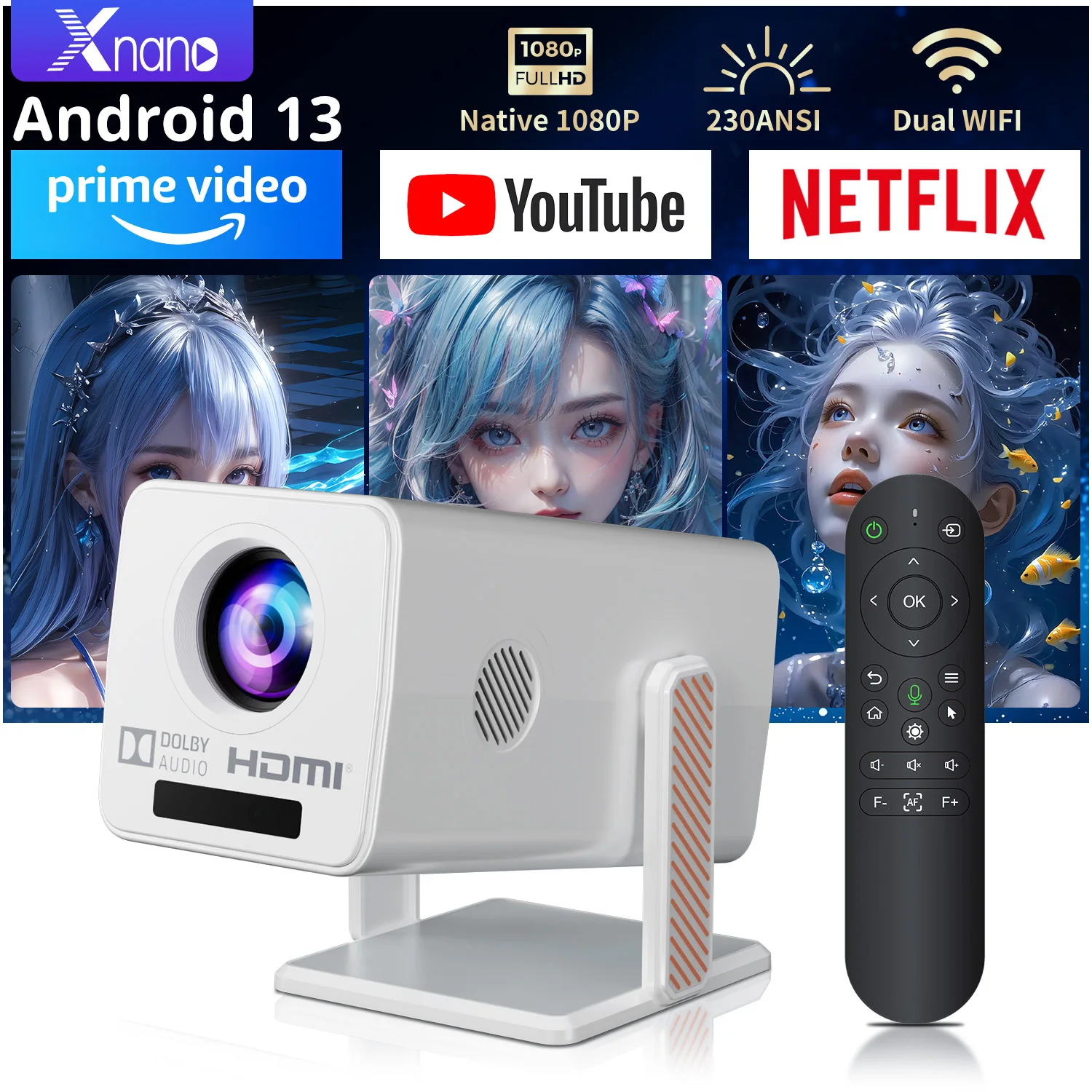Xnano Projector 4K Android 13 Dual WiFi5 300ANSI Amlogic T950S BT5.2 ...