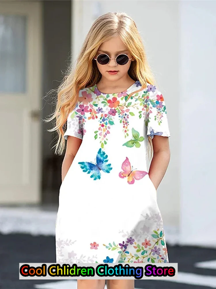 Kids-Girls-Dress-Floral-Butterfly-3D-Print-Dress-Daily-Holiday-Vacation ...