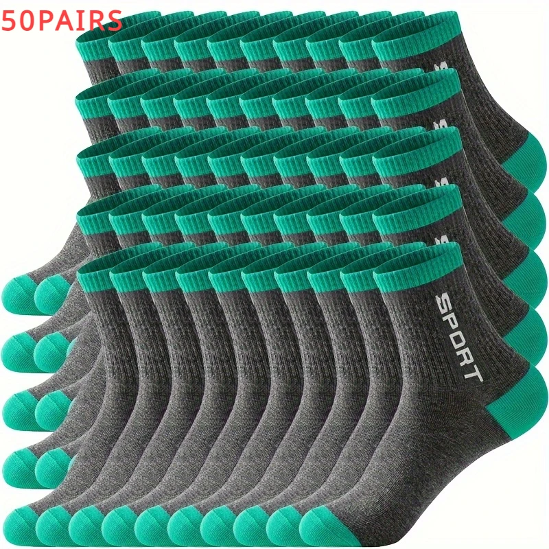 50 Pairs Men Women Sport Crew Socks Solid Letter Print Breathable ...