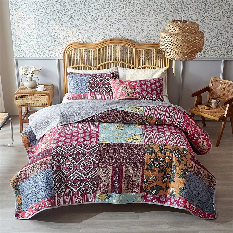 Boho Floral Bedspread Patchwork Coverlet Set Reversible Soft Bedding ...