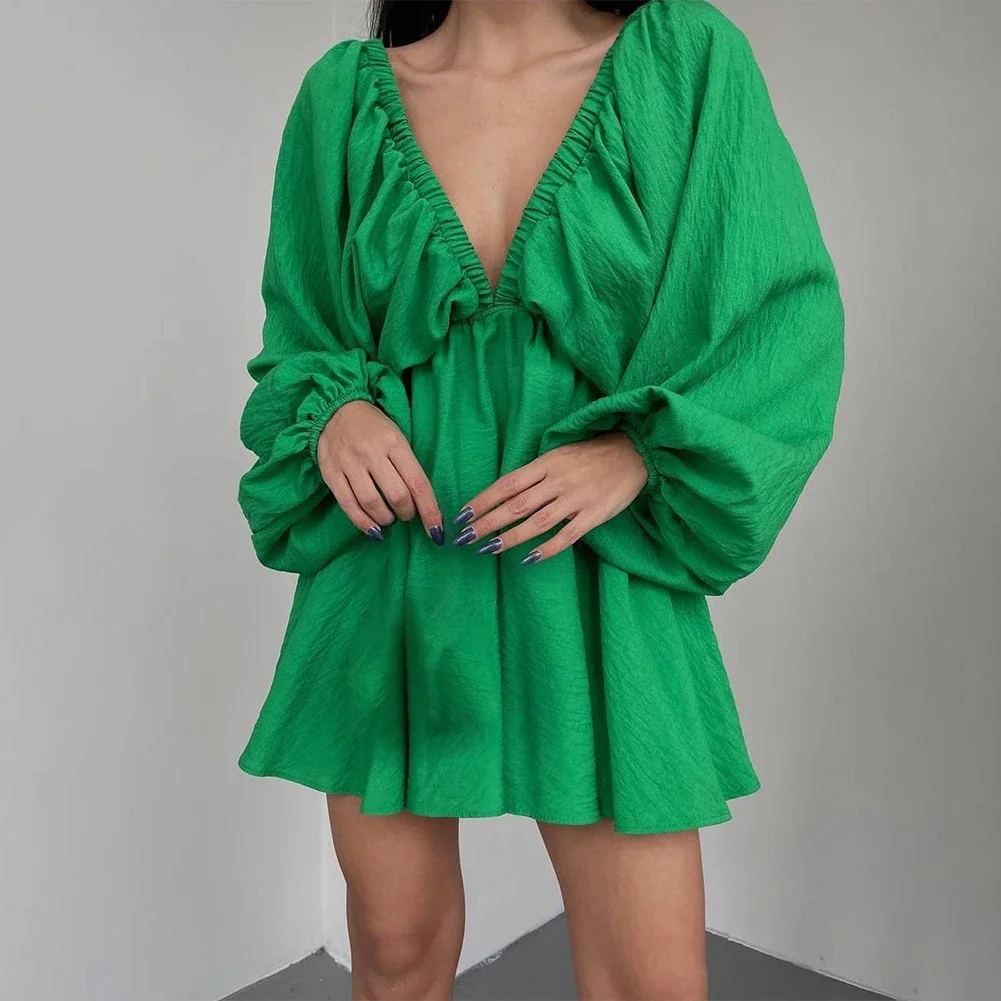 Stunning-Women-V-Neck-Frill-Dress-With-Puffed-Sleeves-Perfect-For ...