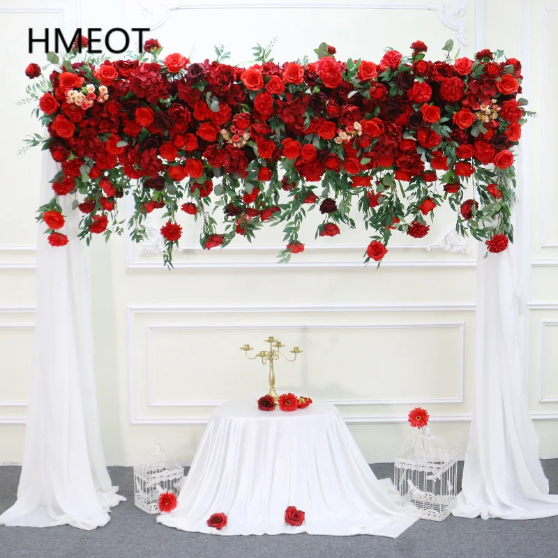 Luxury-Red-Fabric-Flower-Wall-With-Hanging-Willow-Leaves-Greenery ...