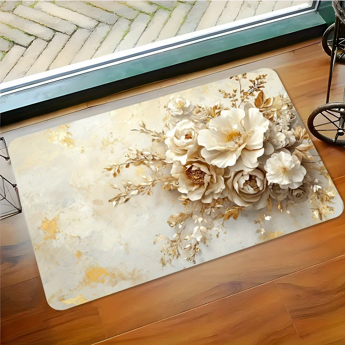 1pc Gold floral pattern floor mat, polyester fabric, machine washable ...