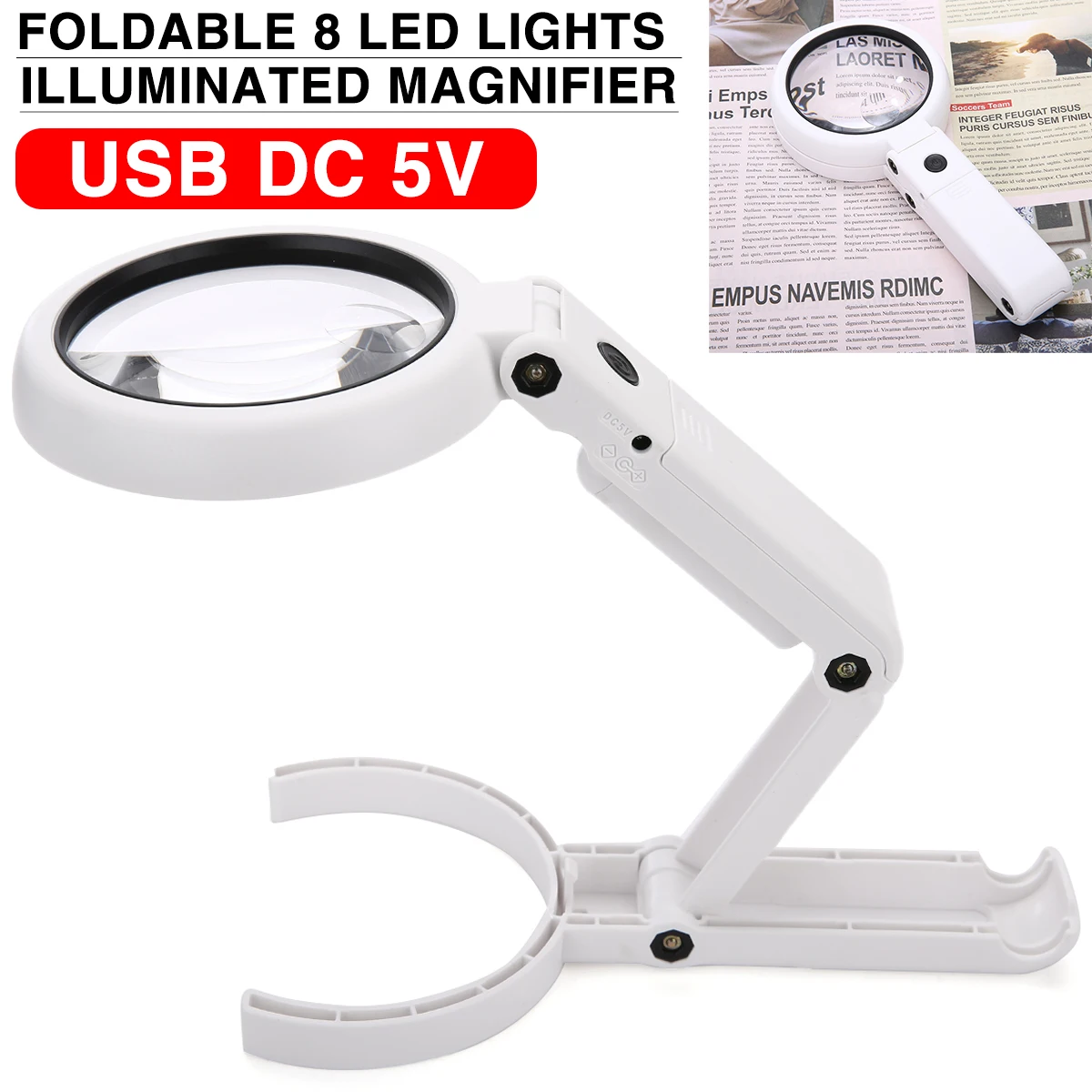 Lâmpada dobrável iluminado lupa 5x 11x lupa lupa tela com 8 luzes led ...