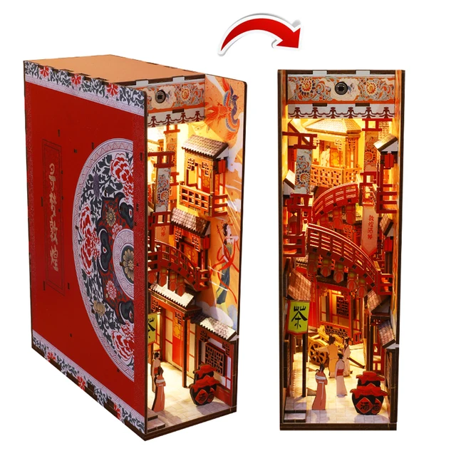 DIY Wooden Book Nook Shelf Insert Kits Miniature Japanese Cherry Blossom Bookends Town Doll ...