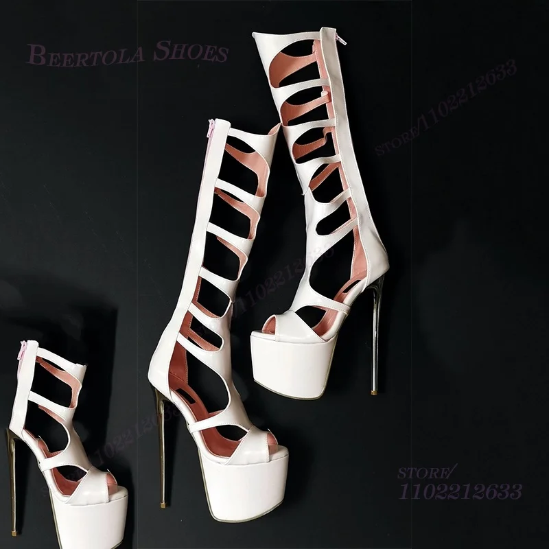 Pure White Mesh Patent Leather Platform Hollow Stripe Sandals Peep Toe ...