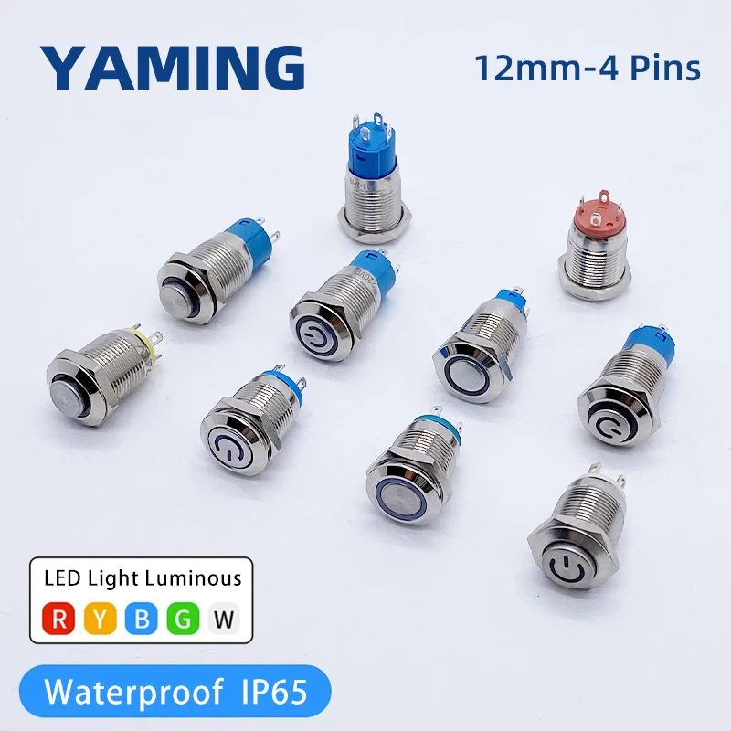 5pcs-Momentary-Latching-12mm-Metal-Push-Button-Switch-Waterproof-4-Pins ...