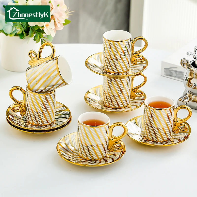 6Pcs European Style Light Luxury Ceramic Coffee Cups with Dish Gold ...