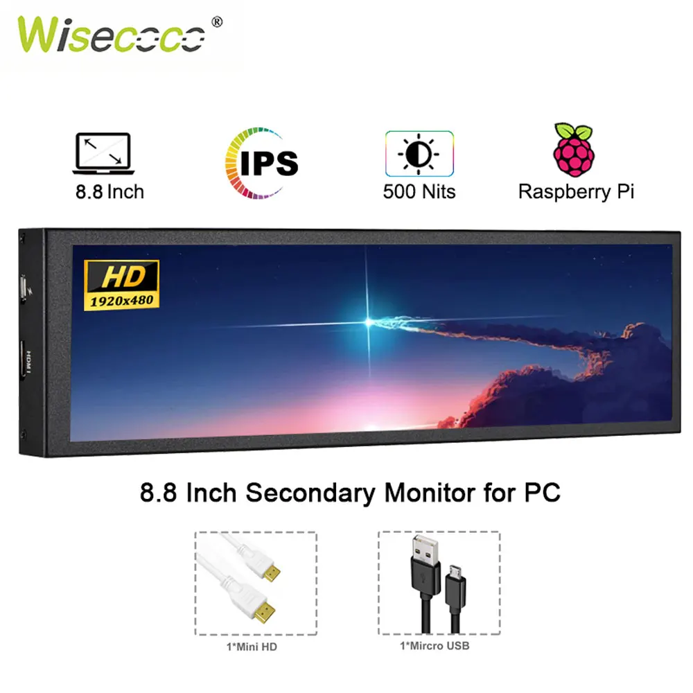 Wisecoco 8.8 Inch Stretched Bar LCD Monitor 480X1920 IPS Portable Second Display Screen with ...