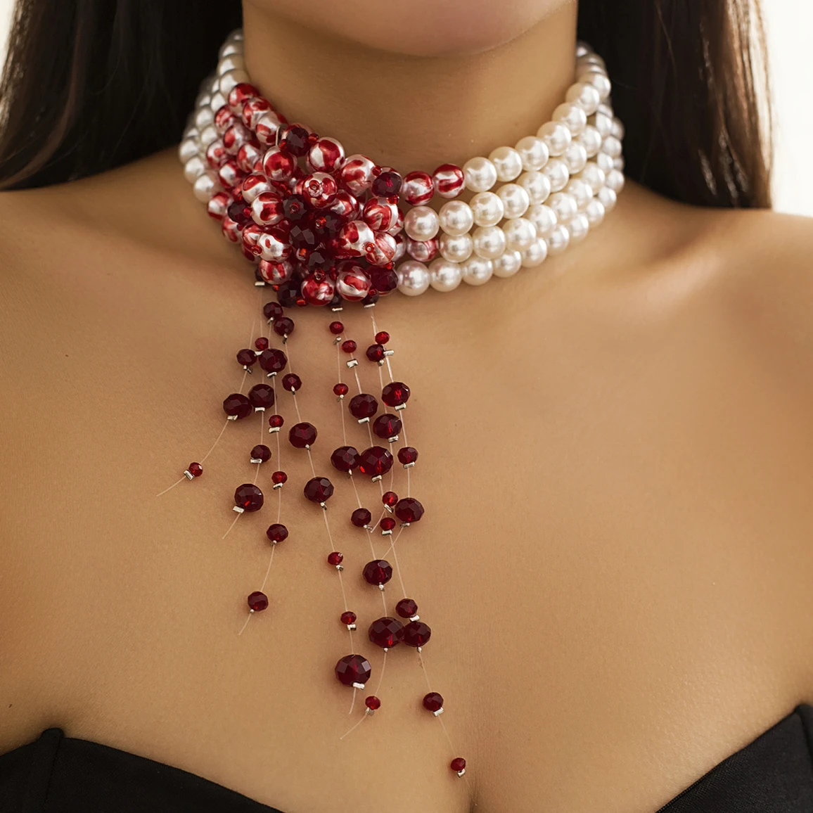 Goth Vintage Red Blood Pattern Imitation Pearl Chain Necklace for Women ...