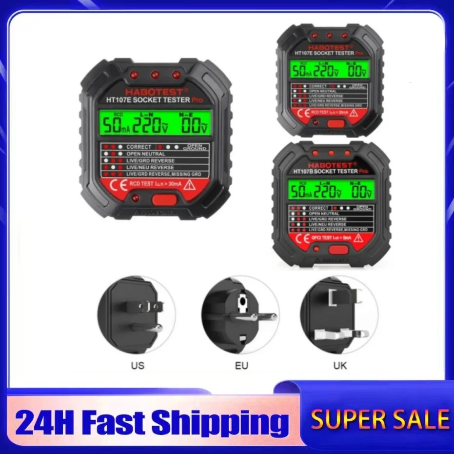 HT107 Socket Tester Pro Voltage Test RCD 30mA Socket Detector UK EU ...