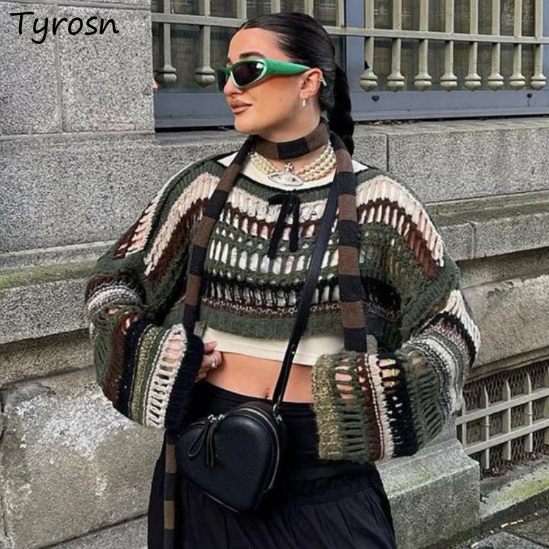 Striped Cropped Pullovers Women Y2k Loose Vintage Knitted Lazy ...