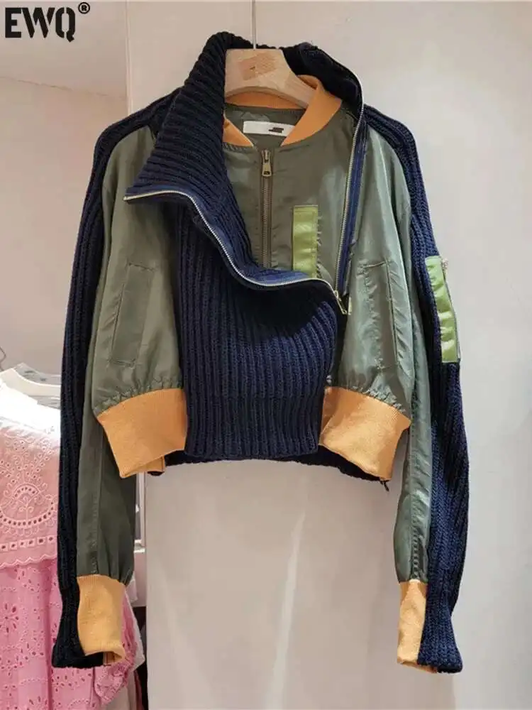 [EWQ] Long Sleeve Knit Splicing Zipper Women's Jacket Army Green Top ...