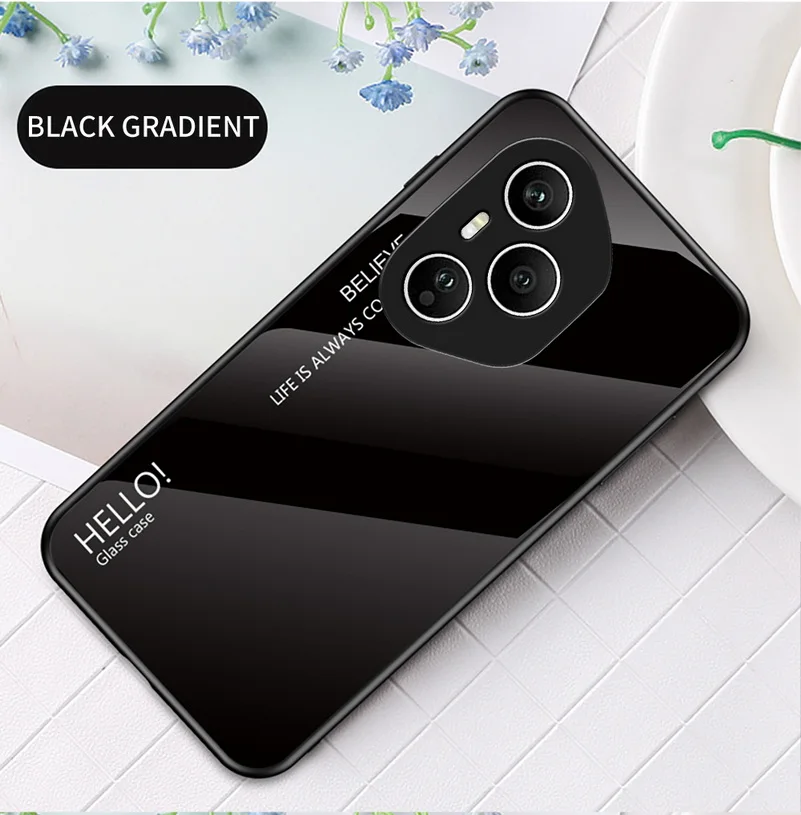Gradient Tempered Glass Glossy Back Cover Case for Honor X9c (Black)