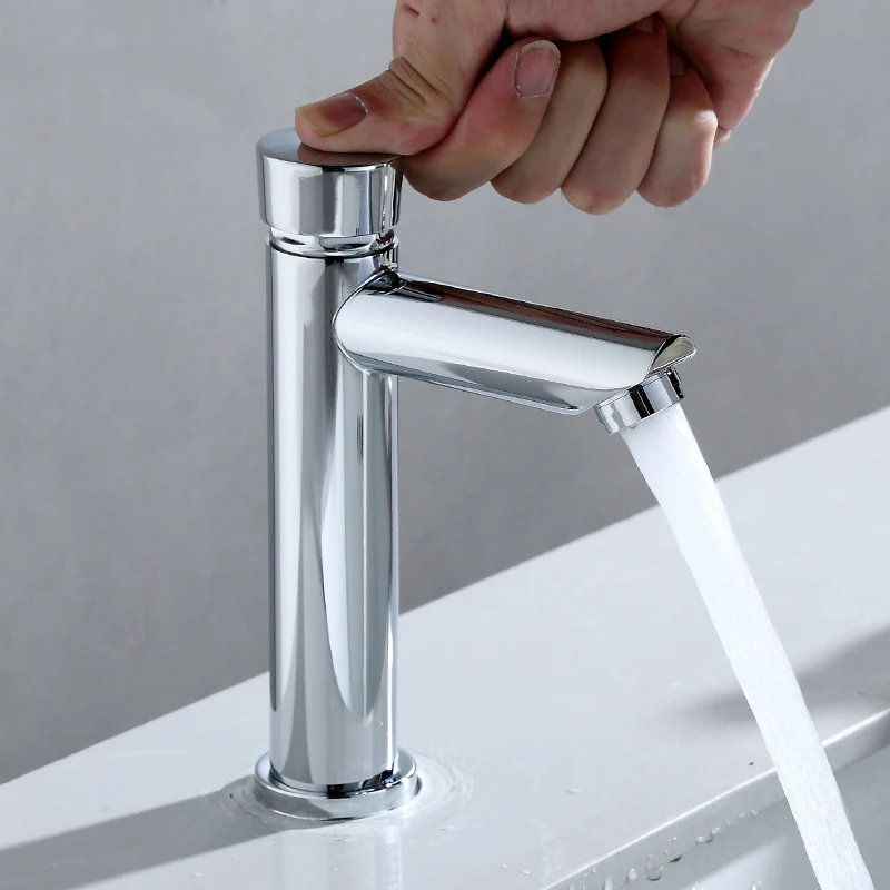 Self-Closing-Faucet-Chrome-Plated-Water-Saving-Tap-Bathroom-Basin-Cold ...