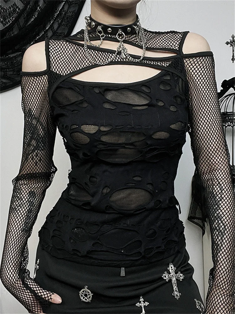 2023-New-Gothic-Mesh-Hole-Long-Sleeve-T-Shirts-Women-s-Mock-Neck-Slim ...