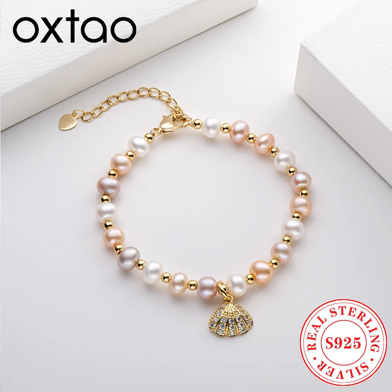 OXTAO Daily Wear Natural Cultured Freshwater Pearl Shell Charm Bracelet ...