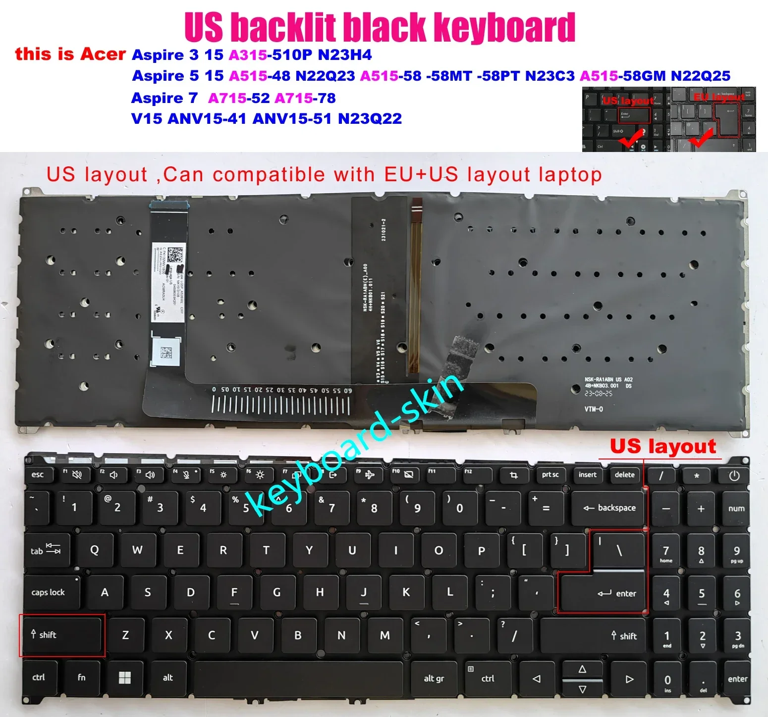 US backlit Keyboard For Acer A315-510P N23H4 A515-48 N22Q23 A515-58 ...
