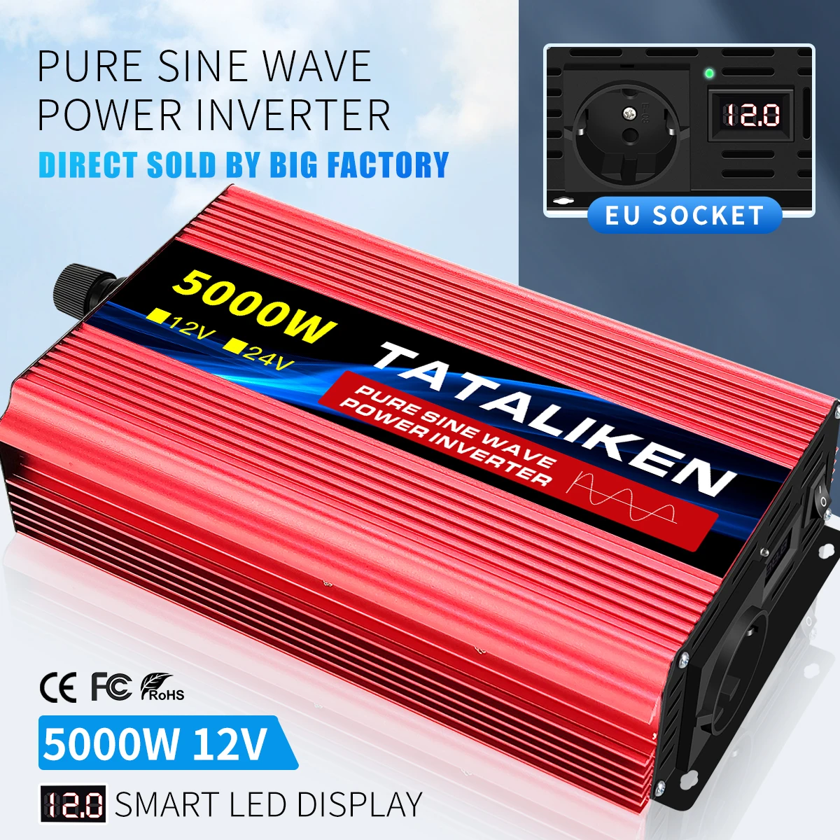 Inversor de Onda Senoidal Pura, Conversor de Energia, Tomada EU, DC 12V 24V para 220V AC, 50Hz ...