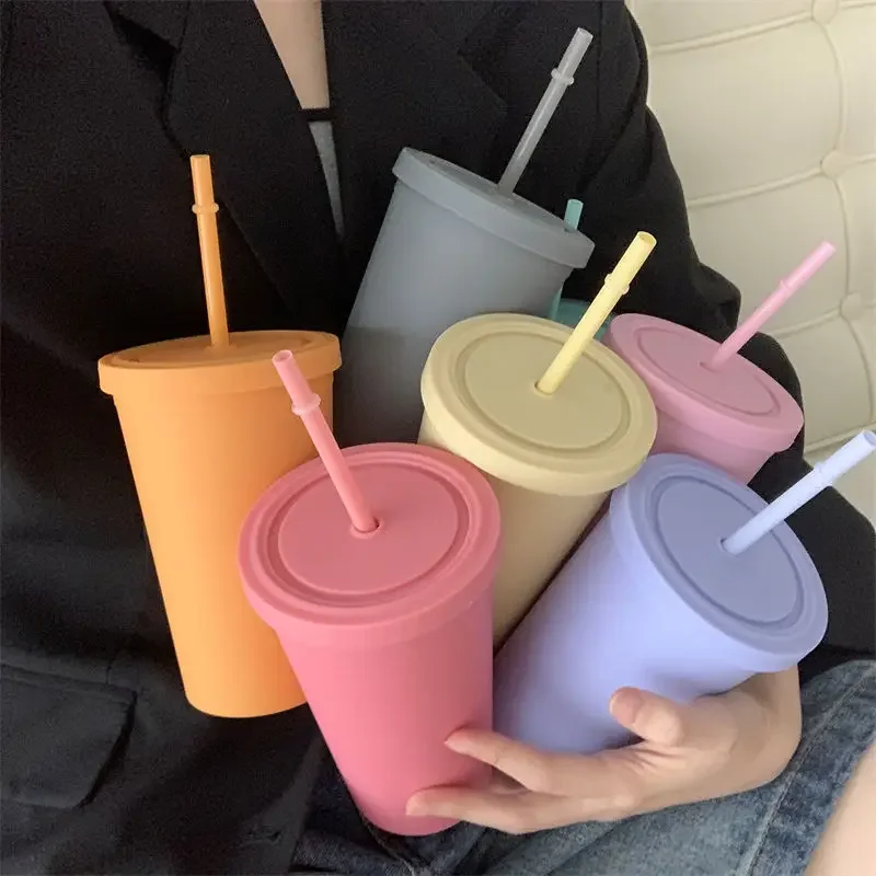 Candy-Color-Double-layer-Plastic-Straw-Cup-Coffee-Cup-Frosted-Water-Cup ...