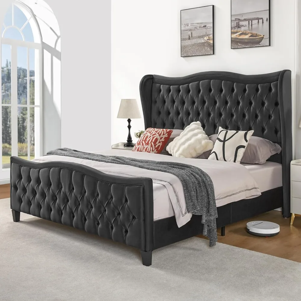 Velvet-Wingback-Bed-Frame-cama-estofada-com-bot-o-profundo-cabeceira-e ...