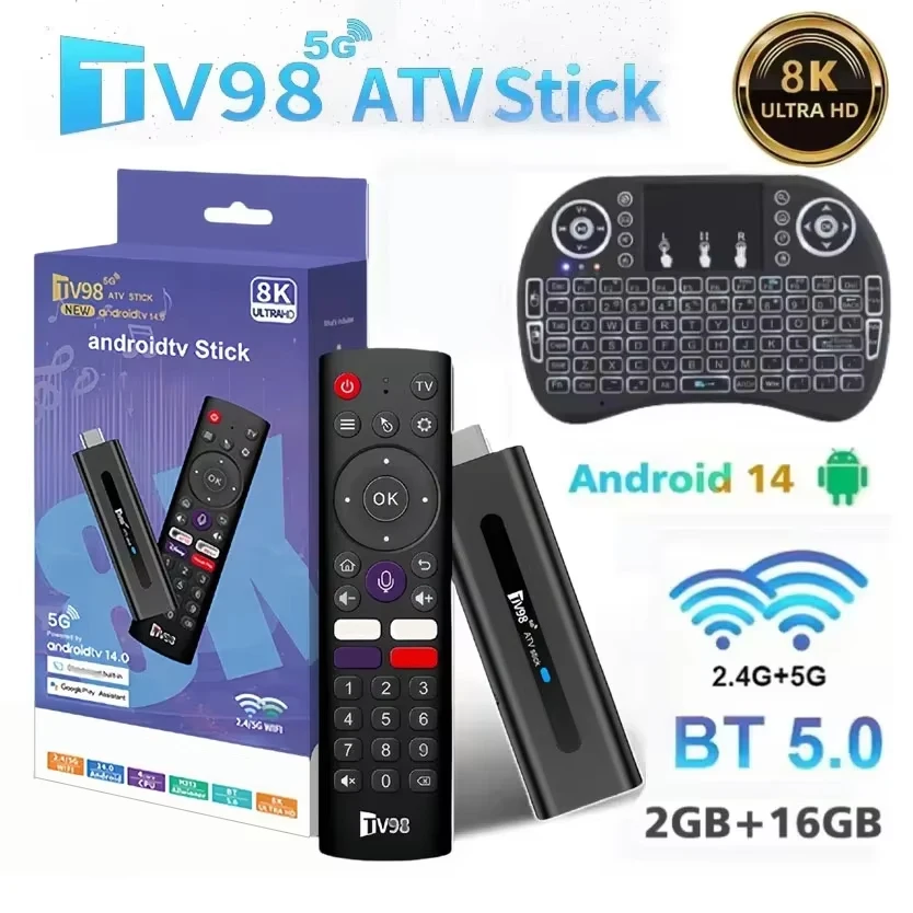 TV98 ATV Smart TV Stick 8K Android 14 H313 2.4G/5G Wifi Support OTA ...