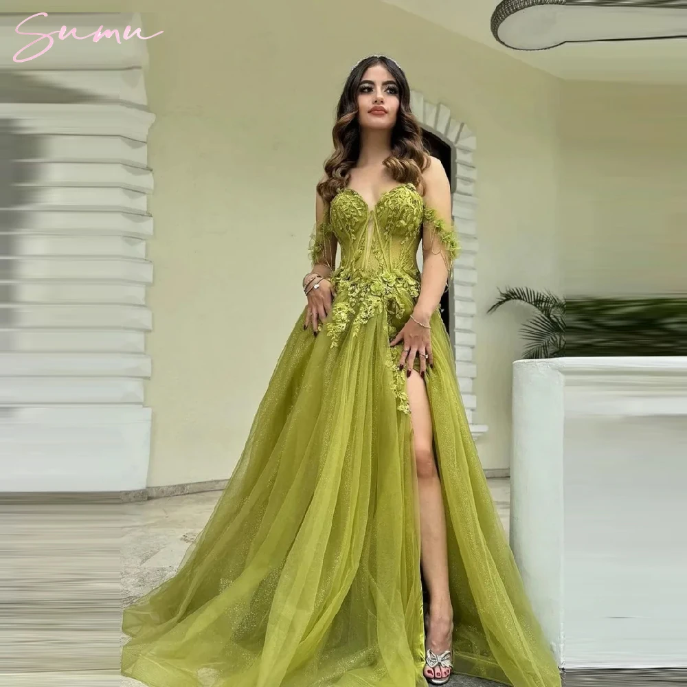 Strapless Backless Party Dresses Green Flowers Embroidery Side Slit ...