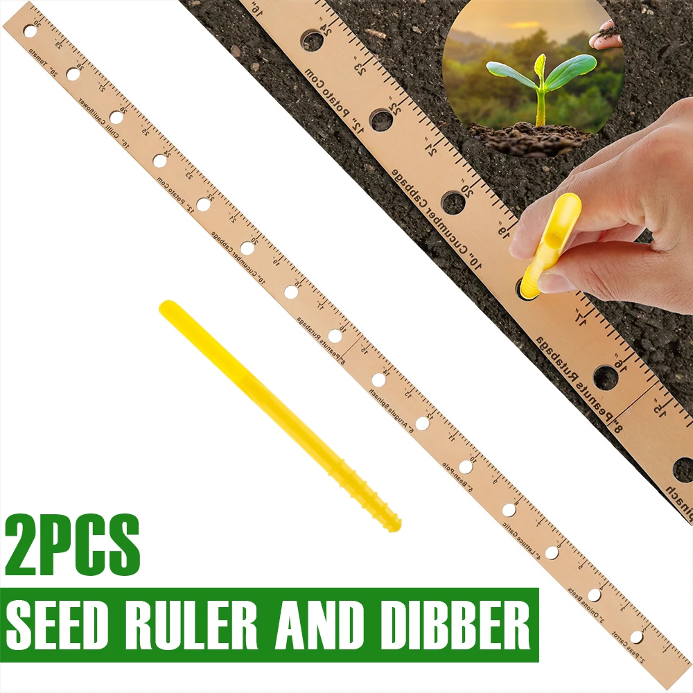 2Pcs-Garden-Seed-Ruler-and-Dibber-Portable-Wood-Seed-Spacing-Ruler-with ...