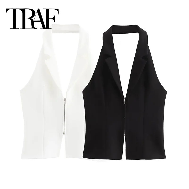 TRAF-Black-White-Halter-Top-Female-Zipper-Sleeveless-Backless-Top ...