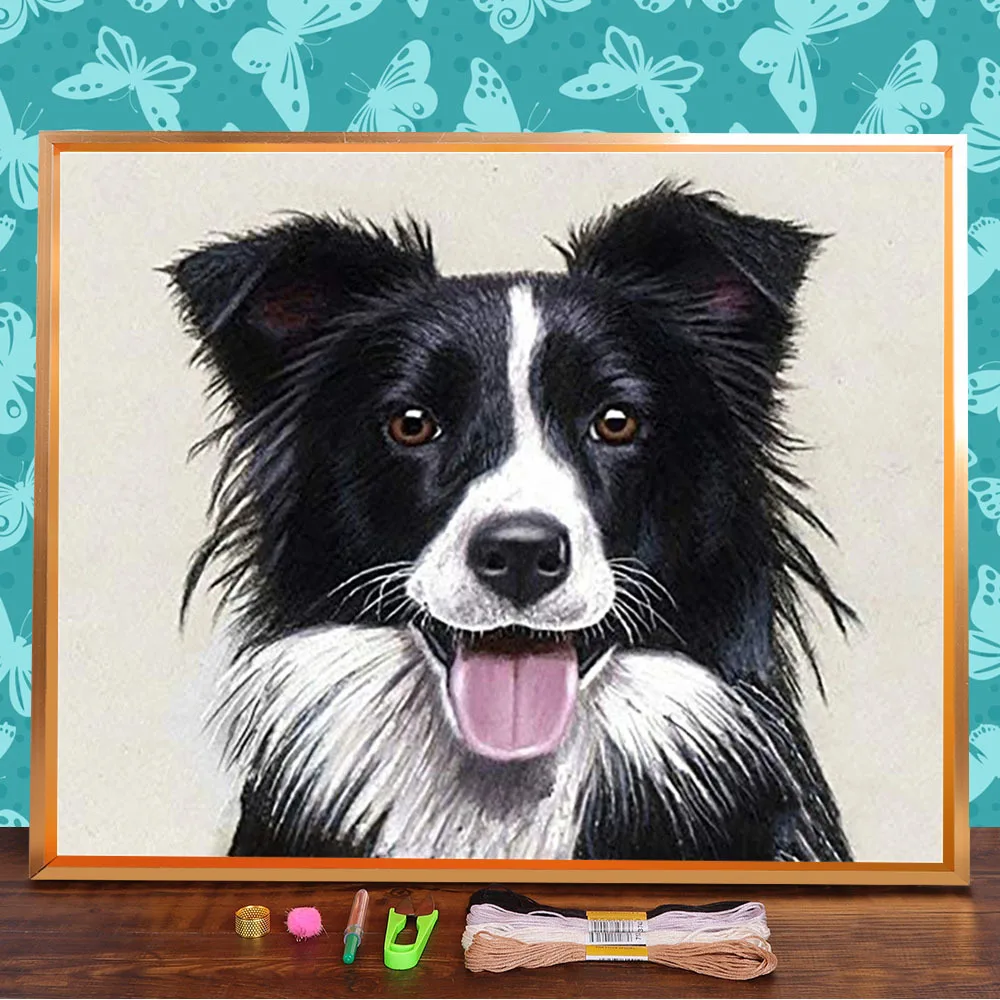 Border Collie Animal impreso 11CT punto de cruz DIY patrones de bordado ...