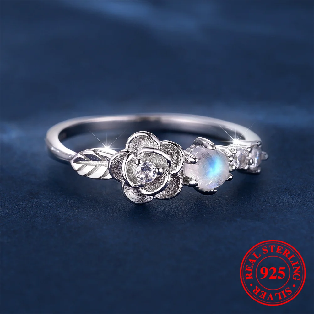 Cute Female Small Round Nature Moon Stone Flower Ring Vintage Real 925 ...