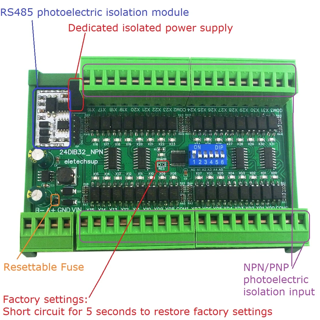 16 48 DI NPN/PNP Digital Switch PLC IO Expansion Board 3000VDC Optical isolation Input RS485 ...