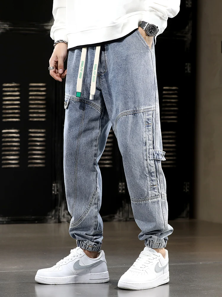 Spring-Autumn-Men-s-Jeans-Streetwear-String-Banding-Denim-Cargo-Pants ...