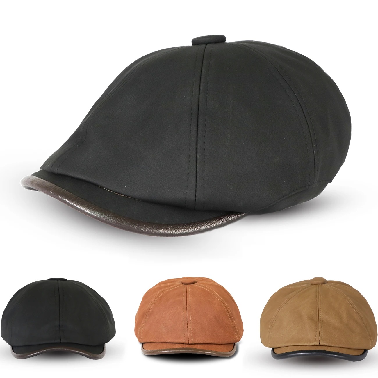 Men's Octagonal Newsboy Hat Washed PU Leather Beret Cap French Street ...